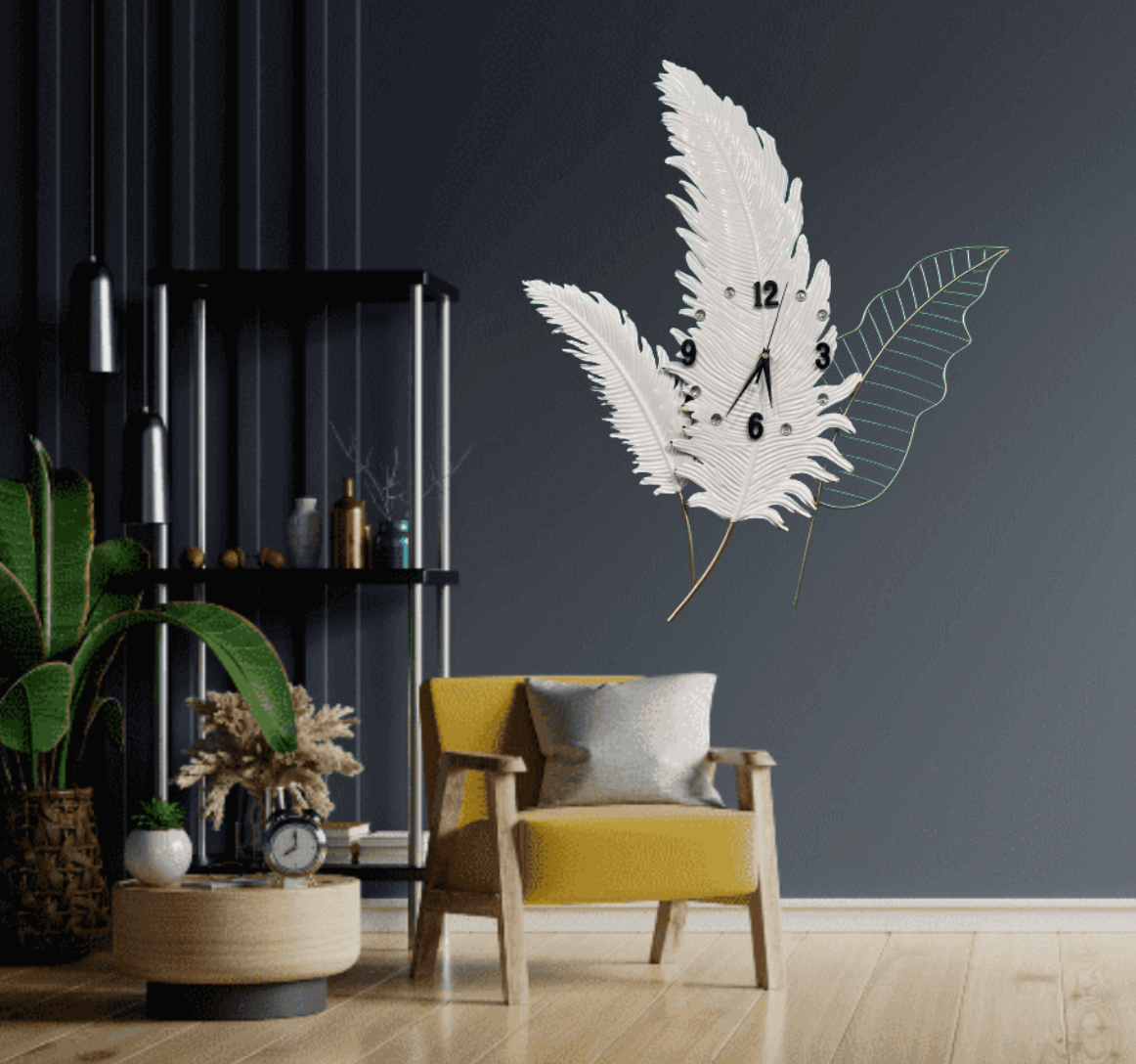 Wall Clock Feather Shape Décor Metal Silent Clock in GOLD & OFF-WHITE ...